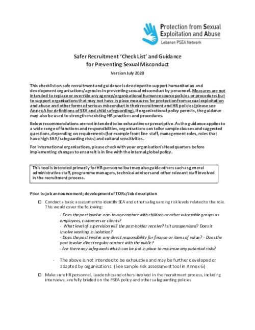 PSEA Network_SaferRecruitment_Checklist_July2020 | IASC / PSEA PSEA Network_SaferRecruitment_Checklist_July2020 | IASC / PSEA
